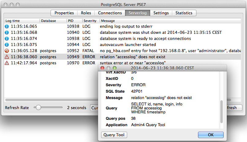 PostgreSQL server log | Admin4.org
